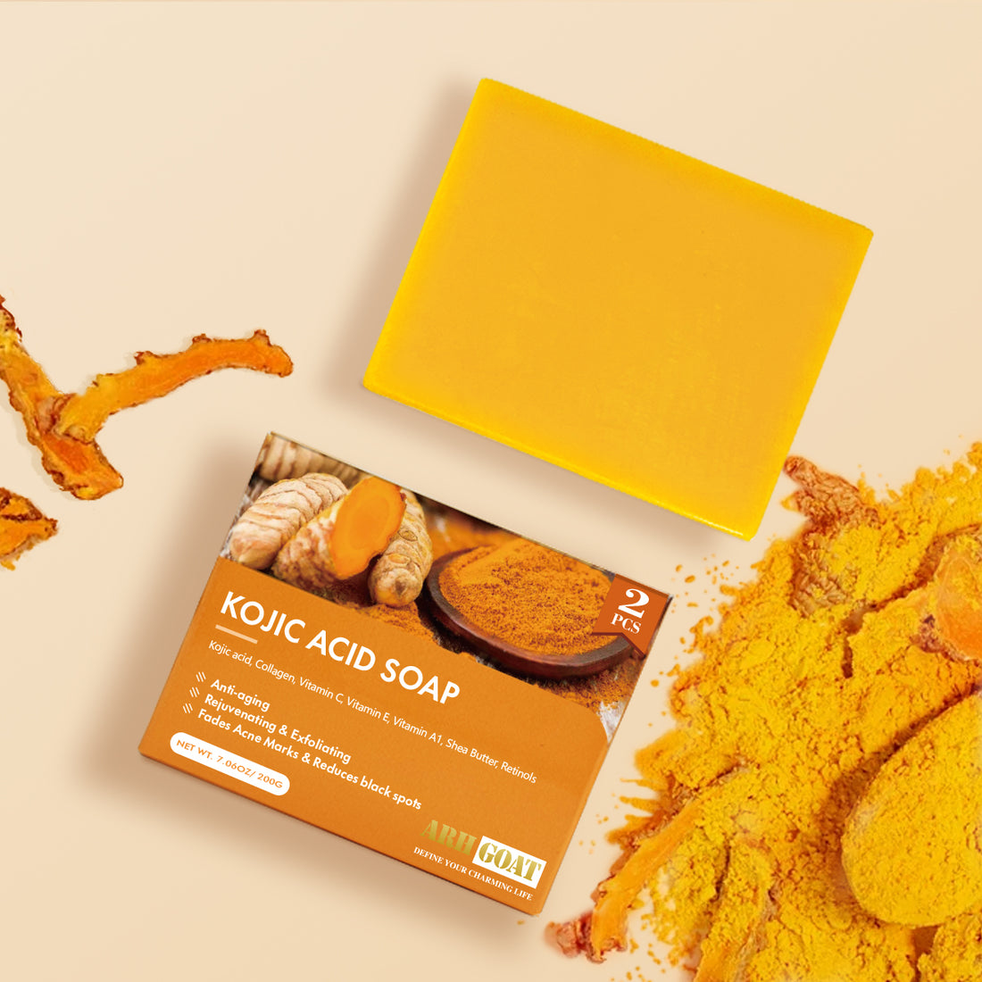 ARHGOAT Skin Lightening Turmeric Kojic Acid Soap 2 Bars - 7.06oz/200g